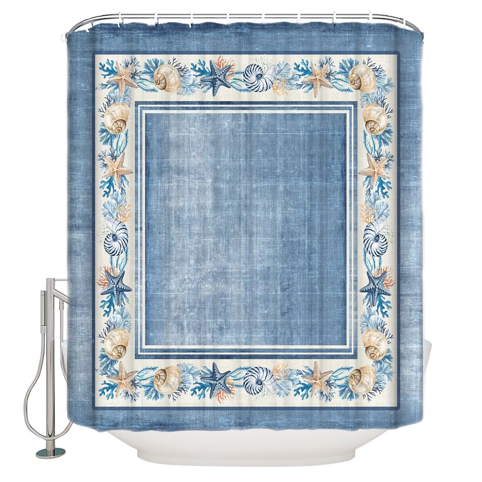 Blue Coastal Bathroom Shower Curtains with 12 Hooks Polyester ...