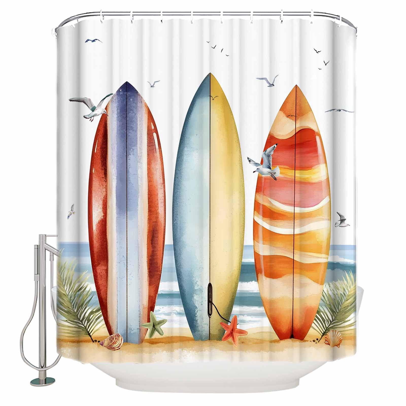 Blue Coastal Bathroom Shower Curtains with 12 Hooks Polyester ...