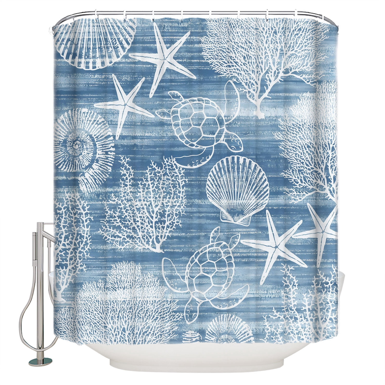 Blue Coastal Bathroom Shower Curtains with 12 Hooks Waterproof Shower ...