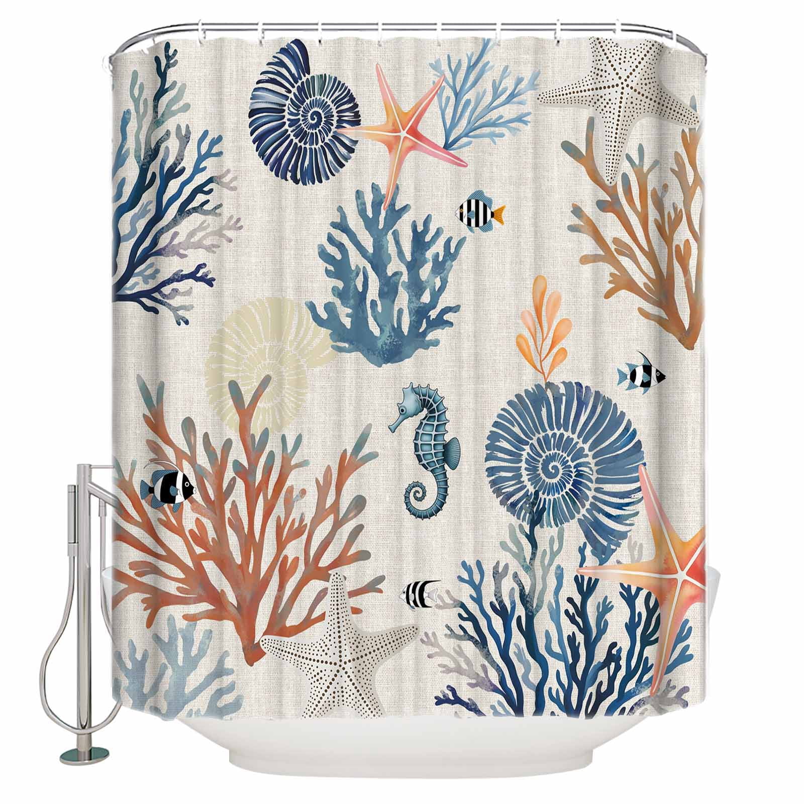 Blue Coastal Bathroom Shower Curtains with 12 Hooks Waterproof Shower ...