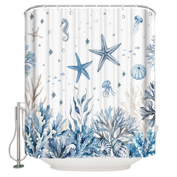 Blue Coastal Bathroom Shower Curtains with 12 Hooks Waterproof Shower ...