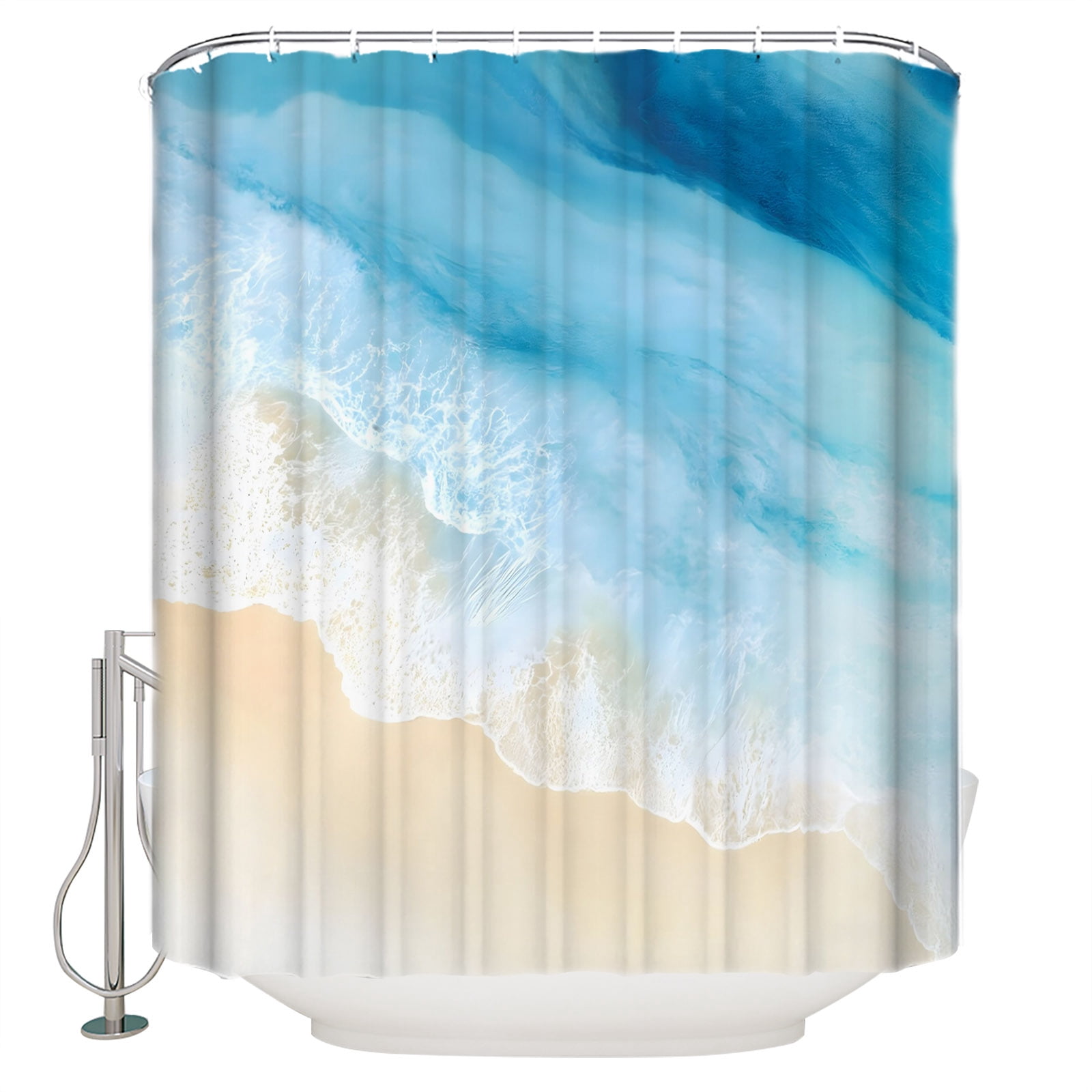 Blue Coastal Beach Bathroom Shower Curtains with 12 Hooks Polyester ...
