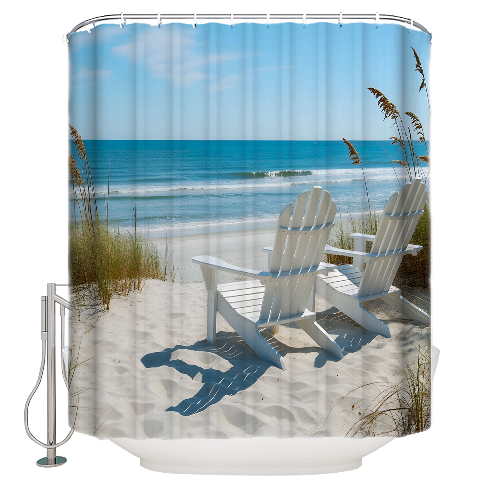 Blue Coastal Beach Bathroom Shower Curtains with 12 Hooks Waterproof ...