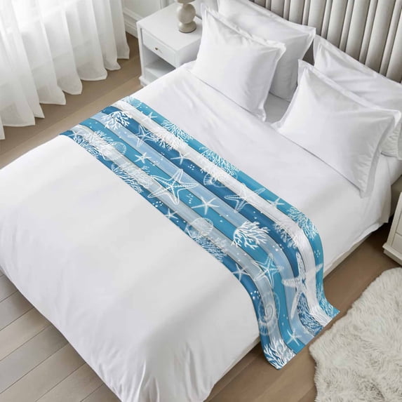 Blue Coastal Beach Bed Runner Scarf Twin Size, Nautical Starfish Coral ...