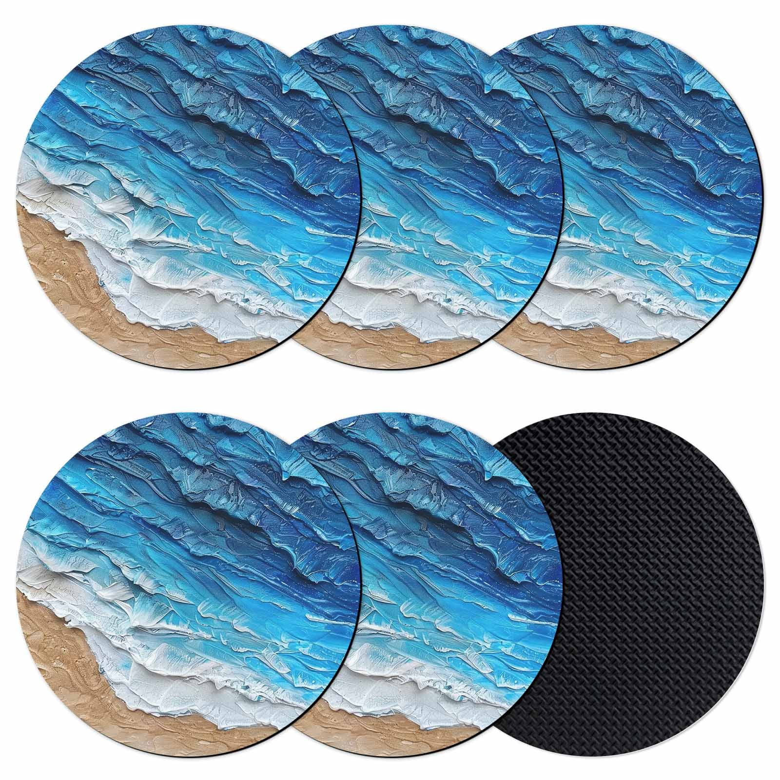 Blue Coastal Beach Coasters Set of 6, Summer Nautical Oil Painting ...