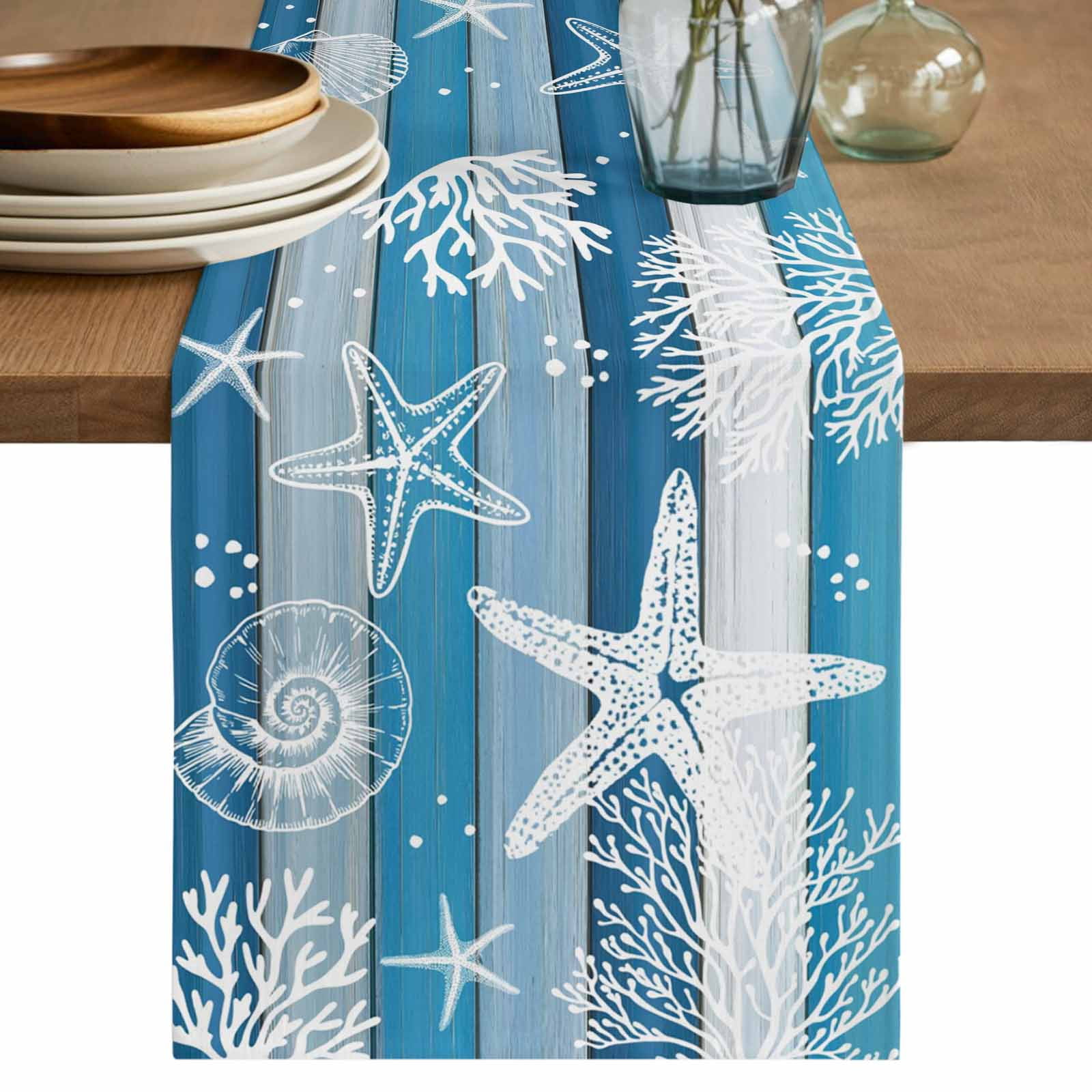 Blue Coastal Beach Cotton Linen Table Runner for Dining Kitchen ...