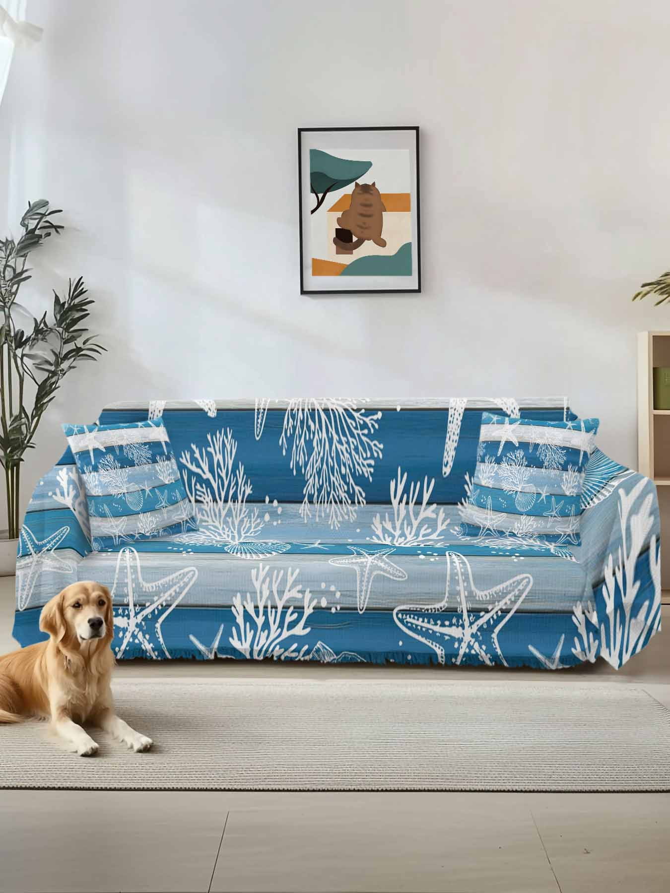 Blue Coastal Beach Couch Cover for Dogs, Nautical Starfish Coral ...