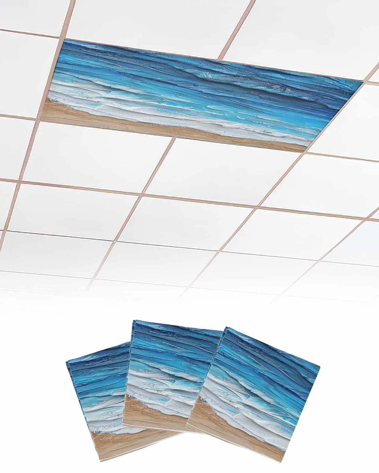 Blue Coastal Beach Fluorescent Light Covers for Ceiling Lights 4x2 feet,3 Pack Magnetic Light ...