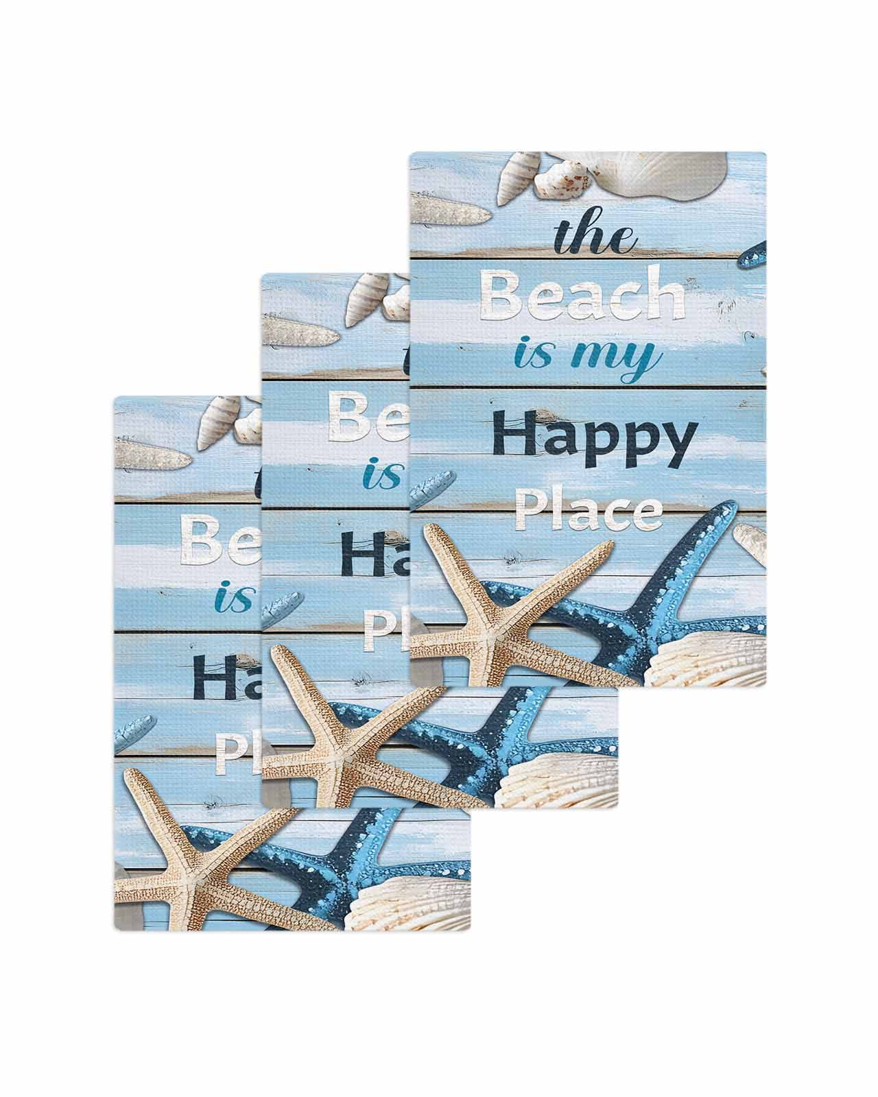 Blue Coastal Beach Kitchen Dish Towels for Drying Dishes Set of 3, Ocean Starfish Wooden Plank ...