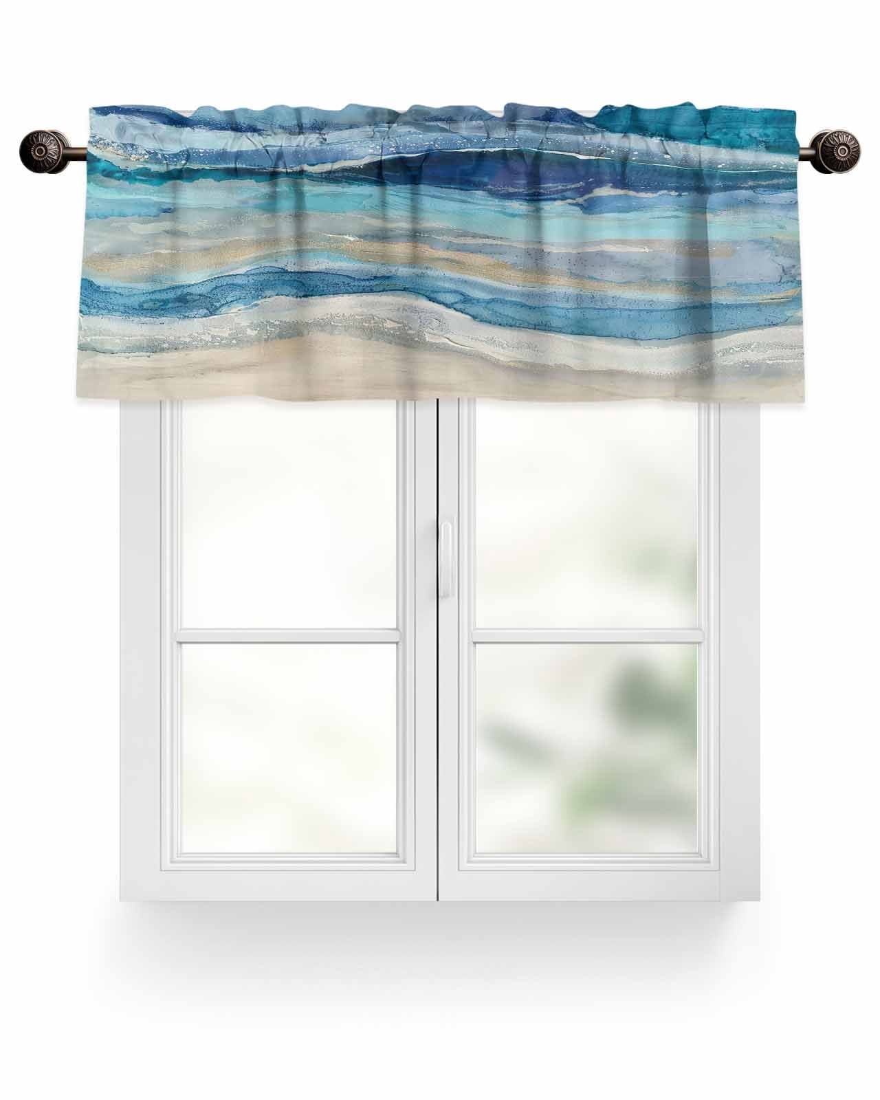 Blue Coastal Beach Kitchen Valances for Windows Abstract Watercolor ...