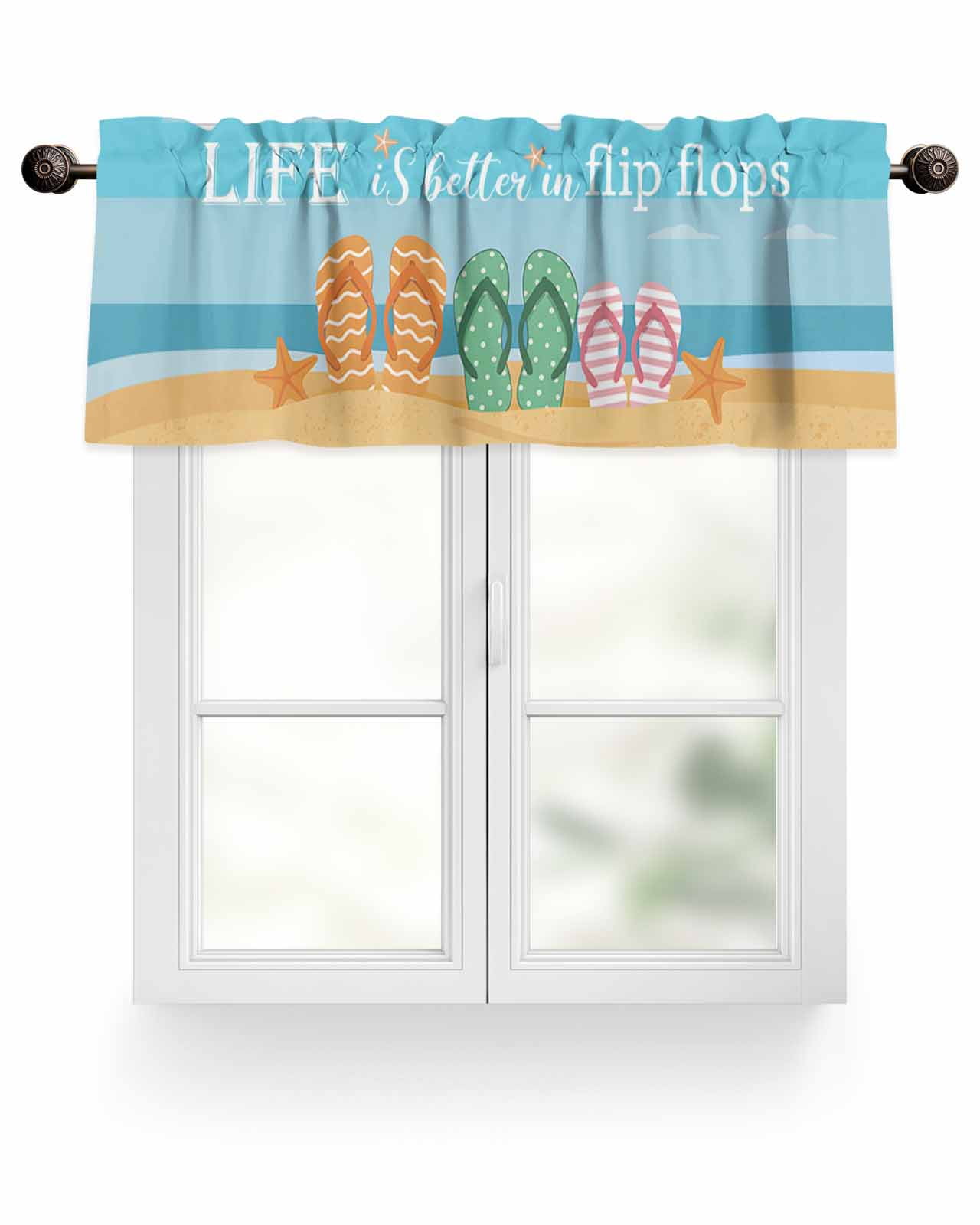 Blue Coastal Beach Kitchen Valances for Windows Slippers Starfish Shell ...