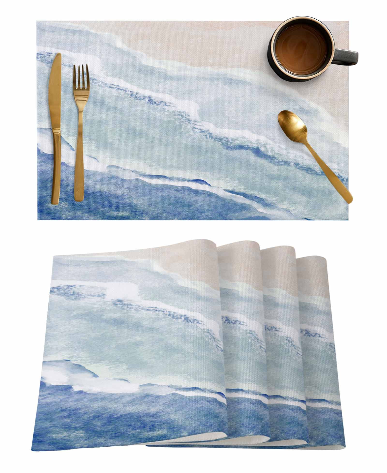 Blue Coastal Beach Placemats for Dining Table Set of 4, Washable ...
