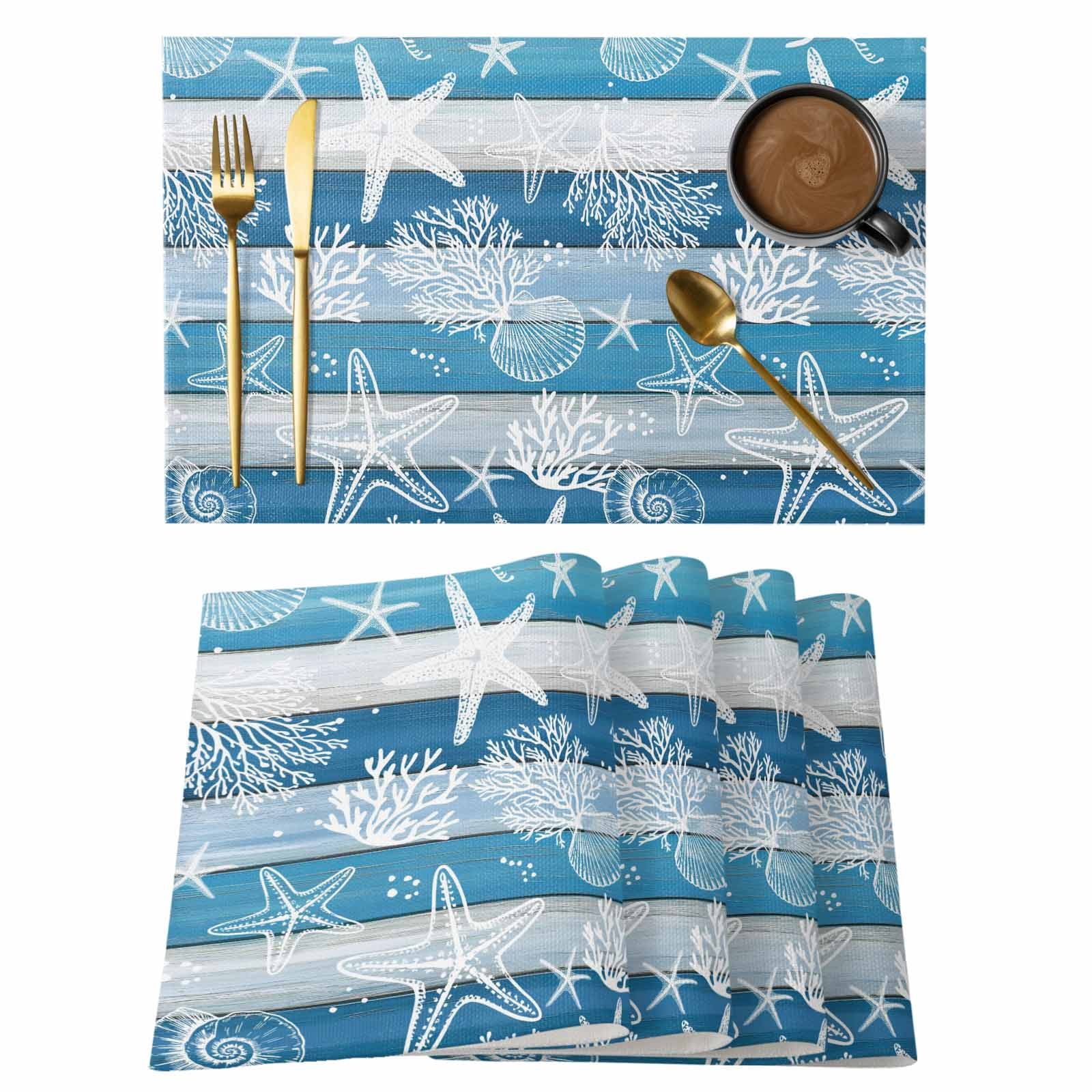 Blue Coastal Beach Placemats Set of 8 Nautical Starfish Coral Vintage ...