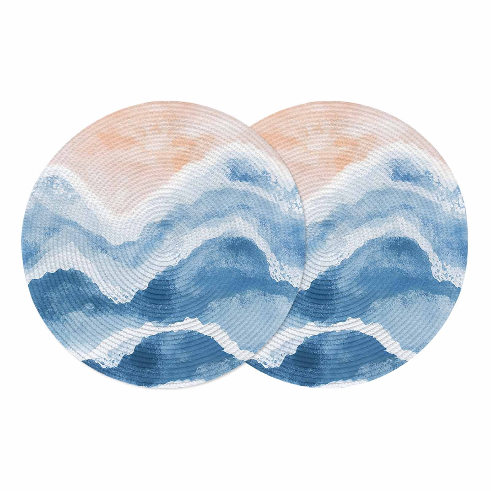 Blue Coastal Beach Round Placemats Set of 2, Braided Polypropylene ...
