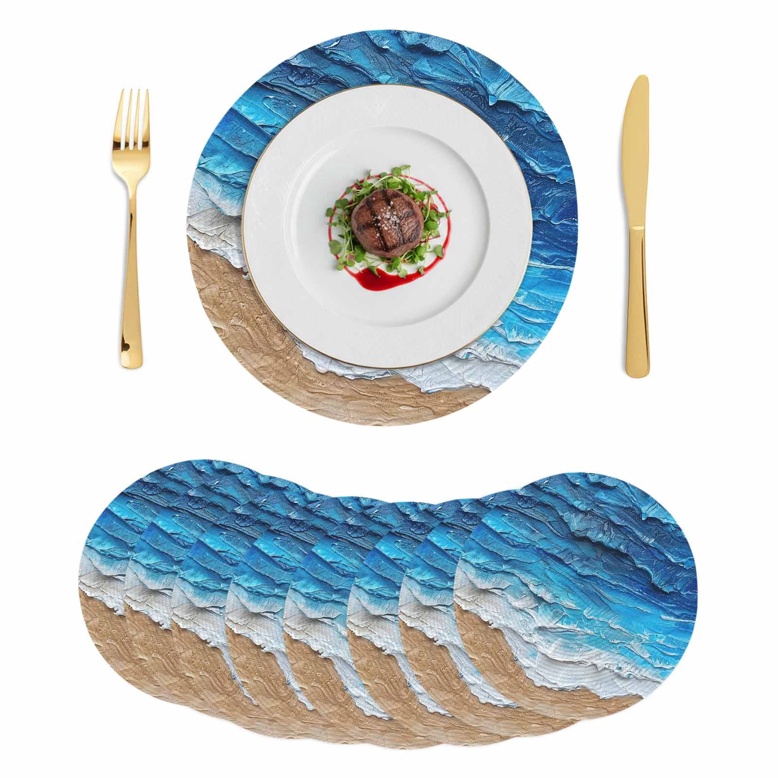 Blue Coastal Beach Round Placemats Set of 8, Braided Polypropylene ...