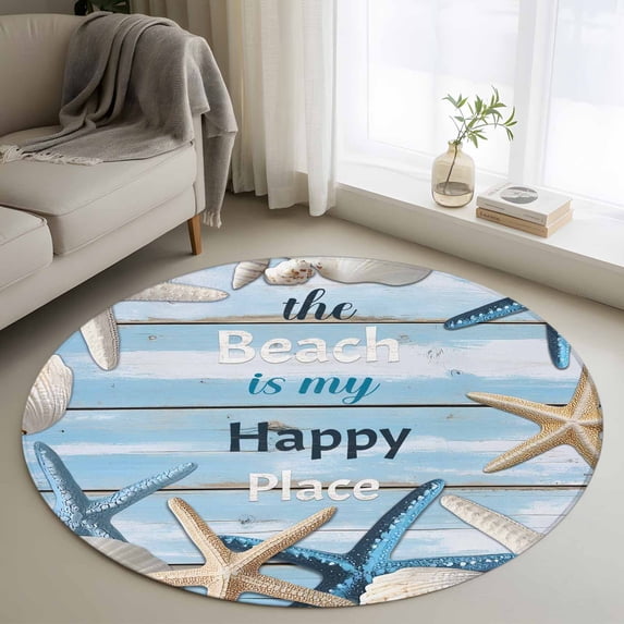 Blue Coastal Beach Round Rug 4ft Washable Circle Entryway Rugs Non Slip ...