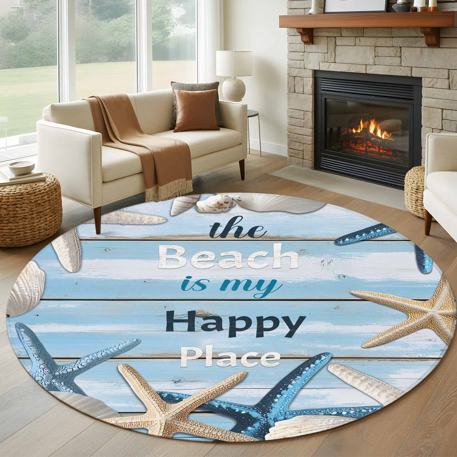 Blue Coastal Beach Round Rug 5ft Washable Circle Kitchen Rugs Non Slip ...