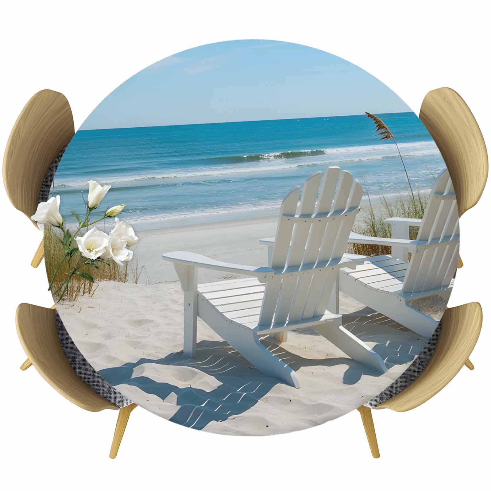 Blue Coastal Beach Round Tablecloth 55-60 Inch Round Fitted Table Cloth ...