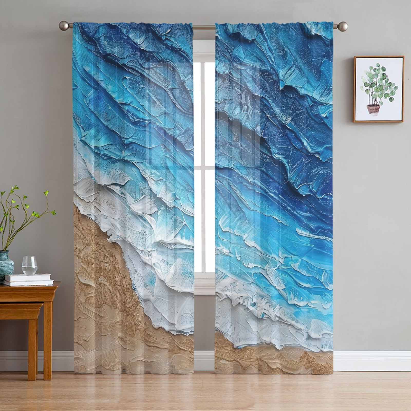 Blue Coastal Beach Sheer Curtains 108 Inch Length 2 Panels Set for ...