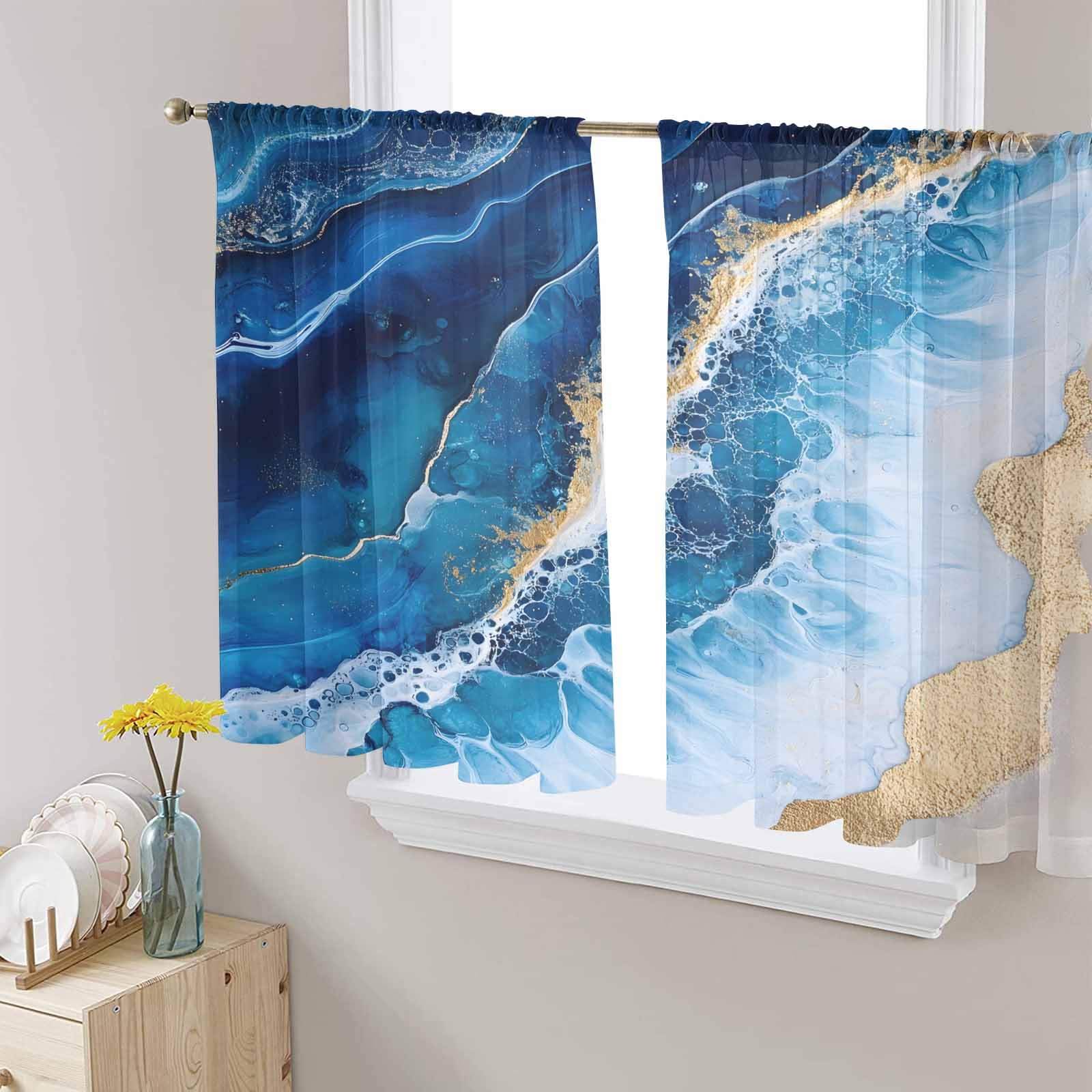 Blue Coastal Beach Sheer Curtains 45 Inch Length 2 Panels Set for ...