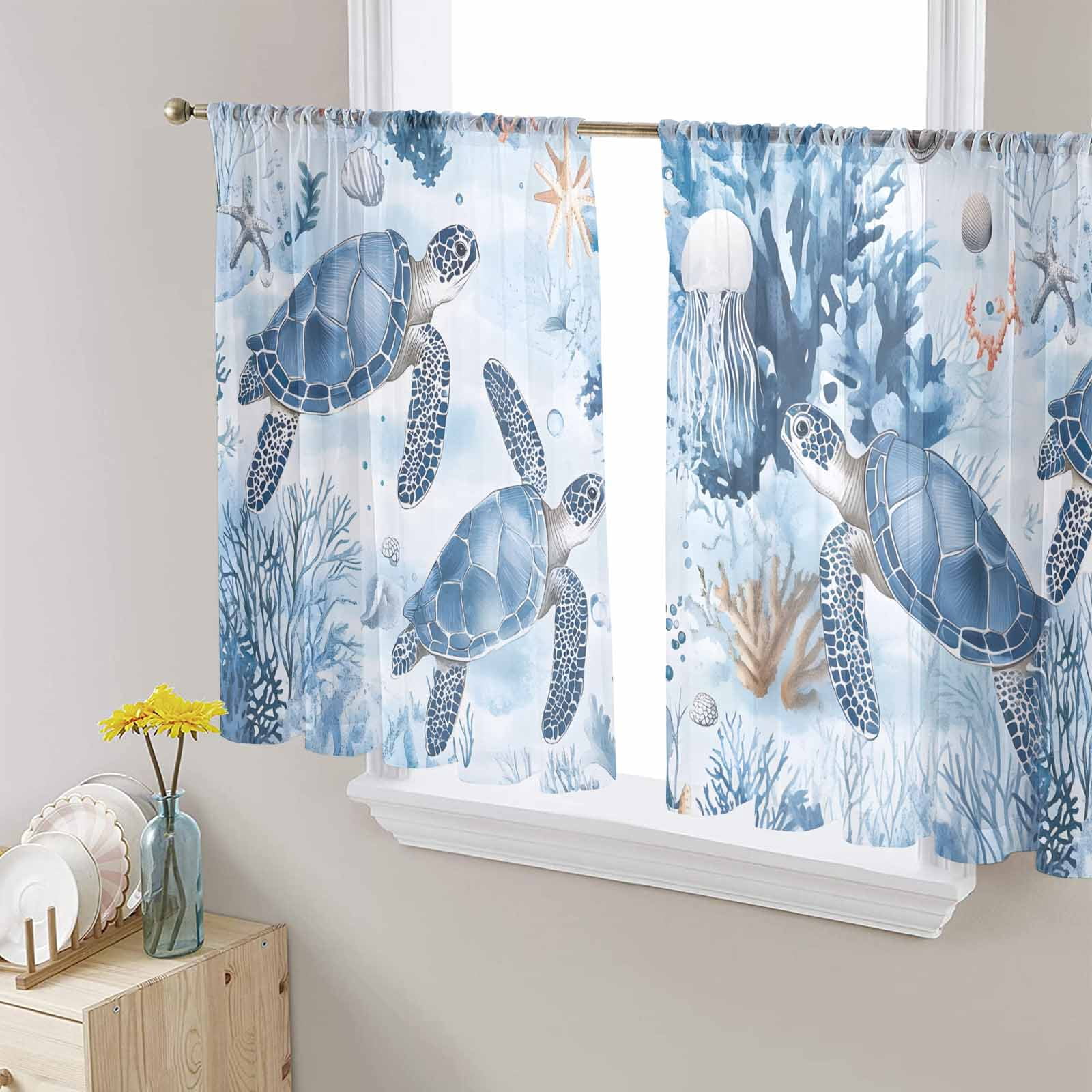 Blue Coastal Beach Sheer Curtains 54 Inch Length 2 Panels Set for ...