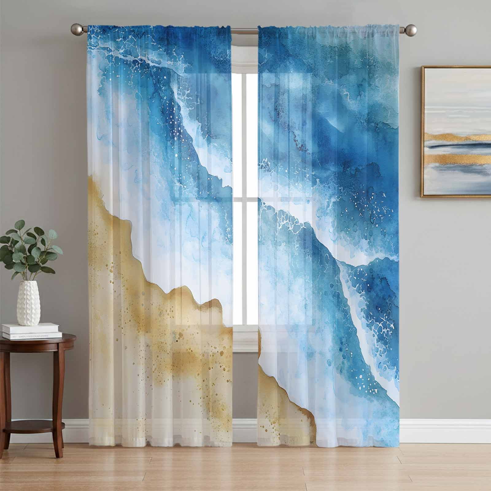 Blue Coastal Beach Sheer Curtains 72 Inch Length 2 Panels Set, Summer ...