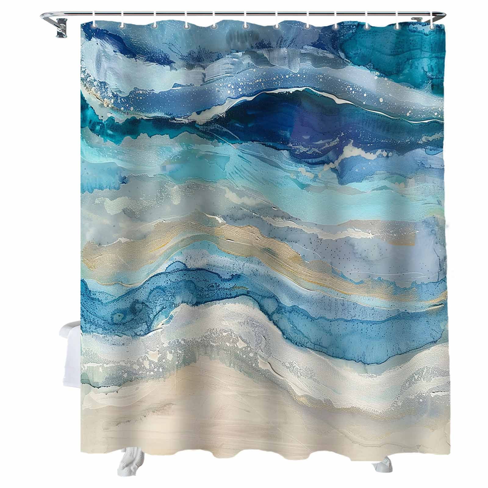 Blue Coastal Beach Shower Curtain, Abstract Watercolor Oceans Waves ...