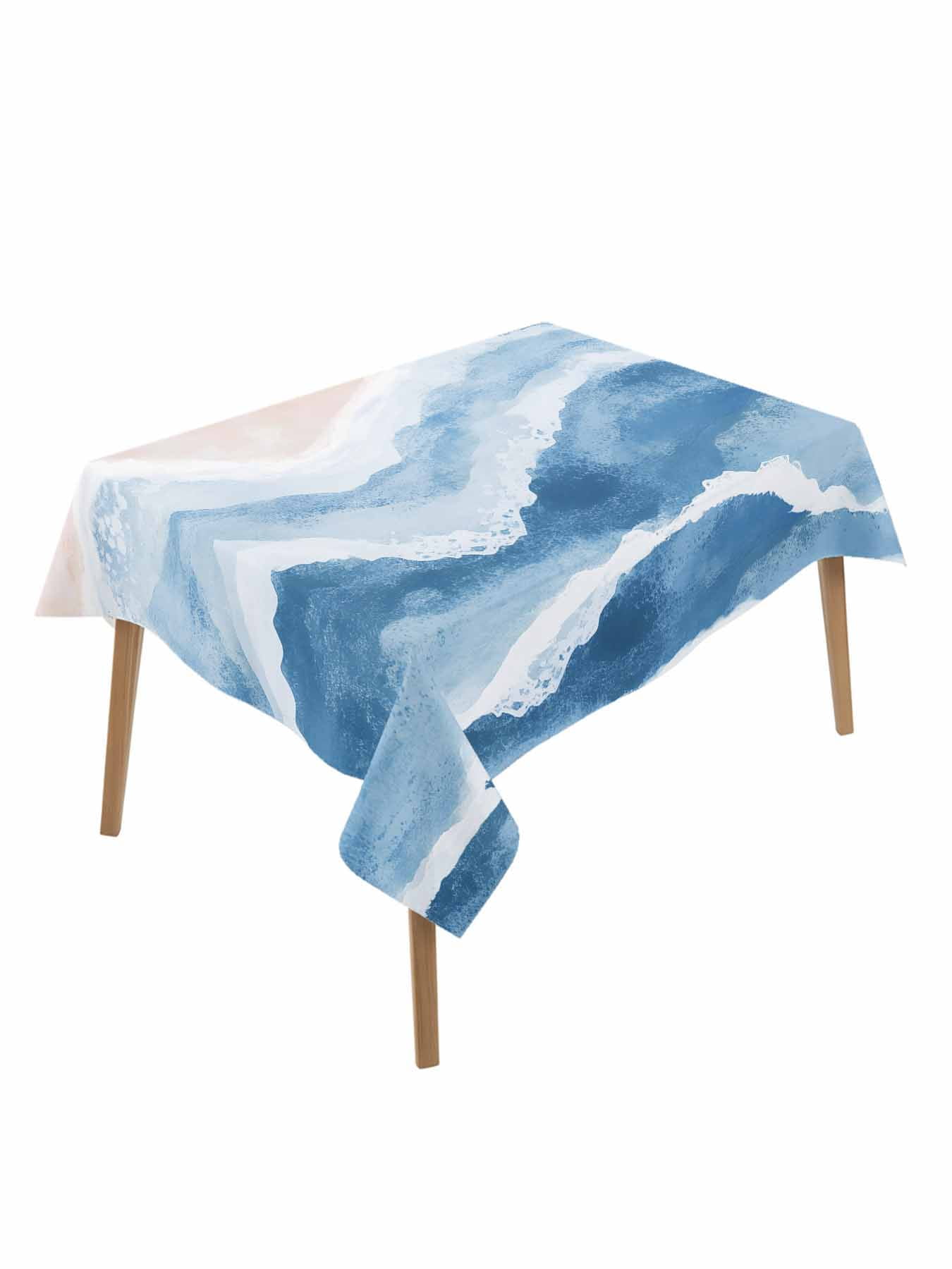 Blue Coastal Beach Table Cloth, Modern Oil Painting Nautical Waterproof ...
