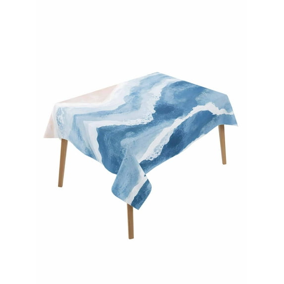Blue Coastal Beach Table Cloth, Modern Oil Painting Nautical Waterproof ...