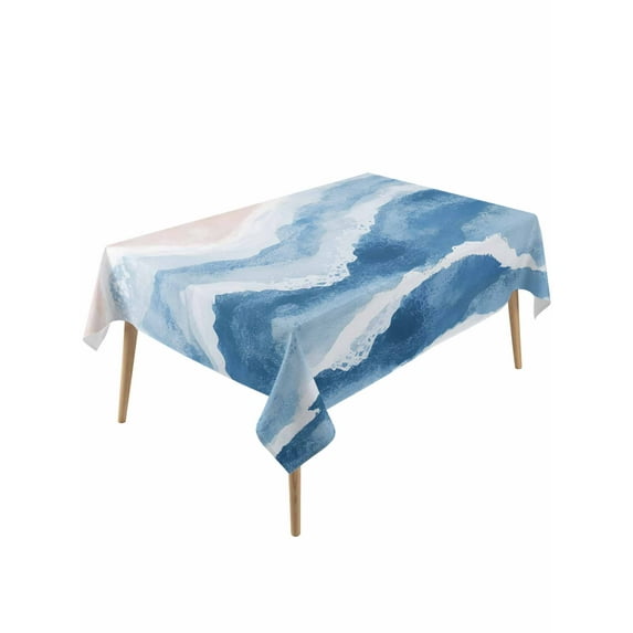 Blue Coastal Beach Table Cloth, Modern Oil Painting Nautical Waterproof ...