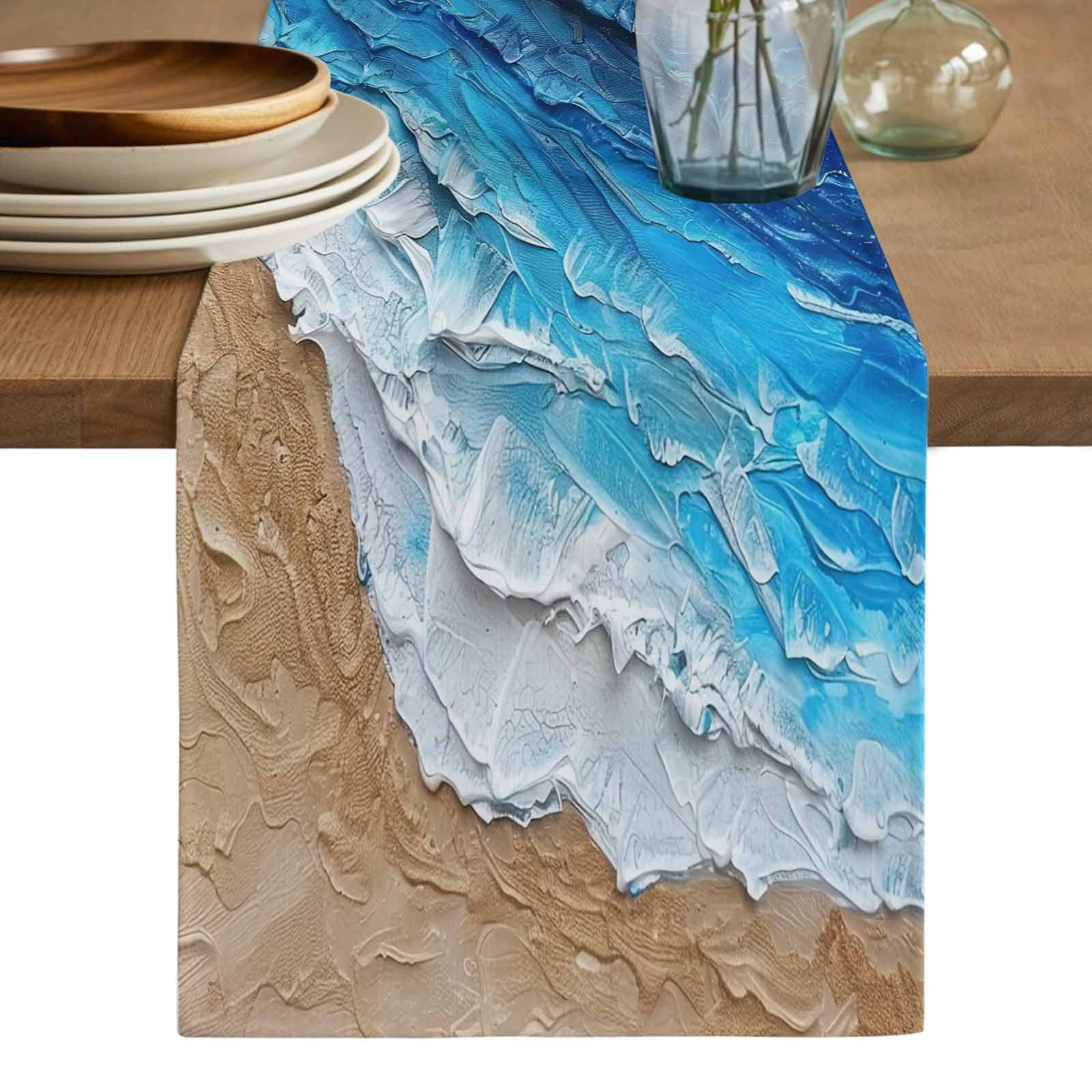 Blue Coastal Beach Table Runner, Summer Nautical Oil Painting Washable ...