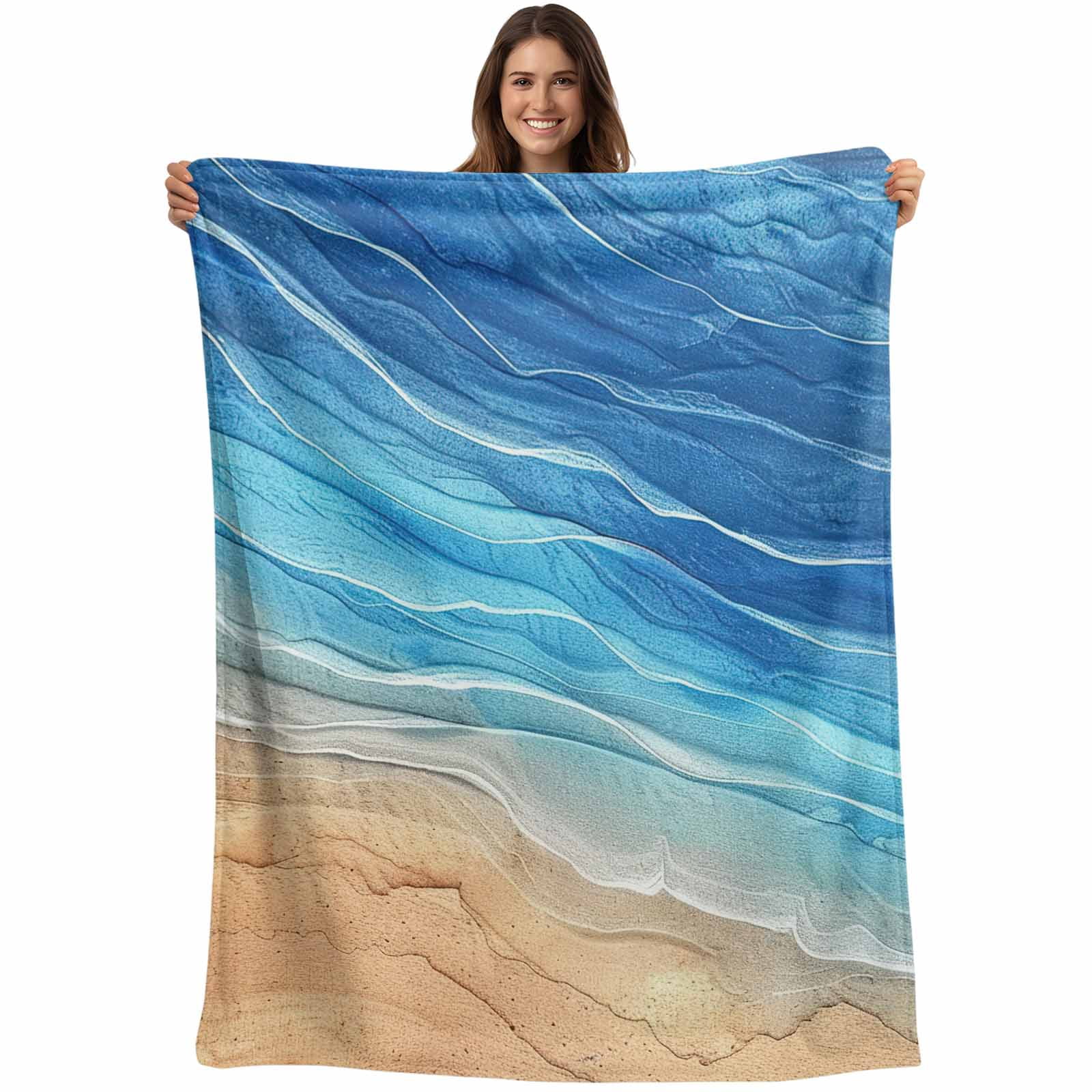 Blue Coastal Beach Throw Blankets, Vintage Gradients Ocean Waves Soft ...