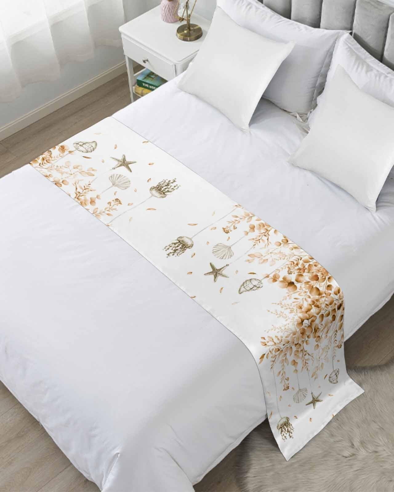 Blue Coastal Bed Runners for King Size Bed, Eucalyptus Leaves ...