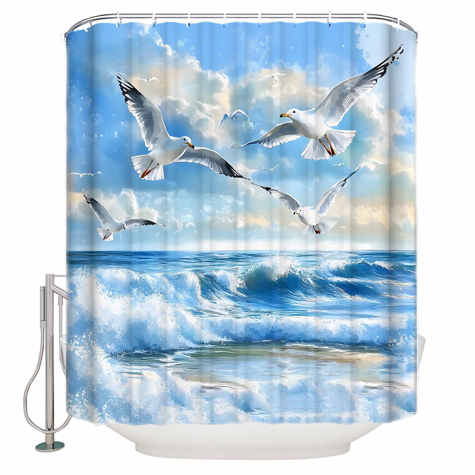 Blue Coastal Birds Bathroom Shower Curtains with 12 Hooks Polyester ...