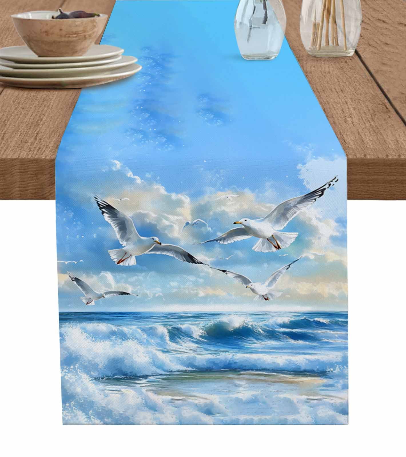 Blue Coastal Birds Burlap Cotton Table Runner 13x36 Inches Short ...