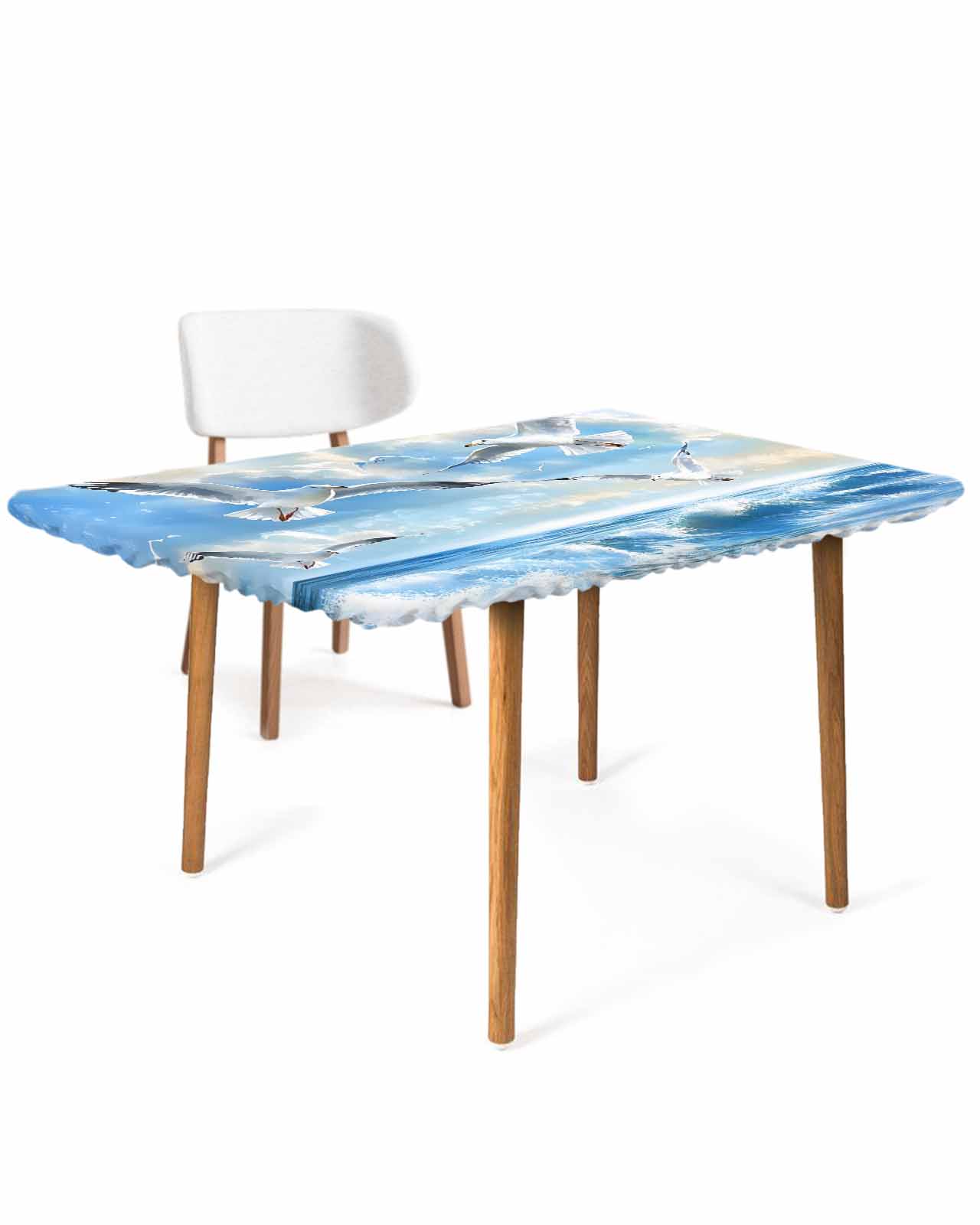 Blue Coastal Birds Rectangle Tablecloth, Waterproof Elastic Fitted ...