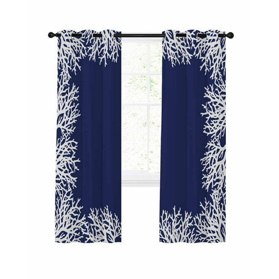 Blue Coastal Blackout Curtains 84 Inches Length, White Coral Ocean ...