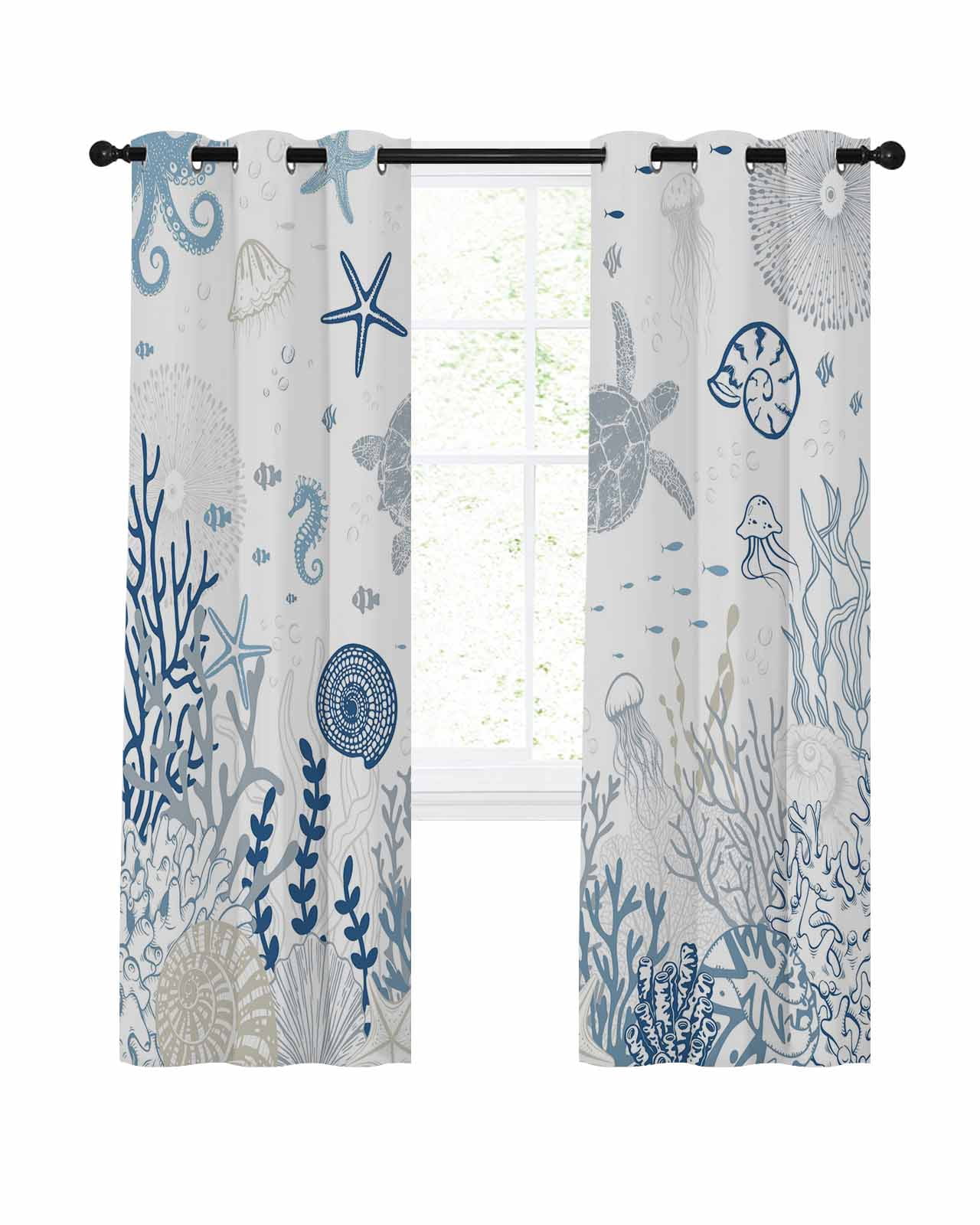 Blue Coastal Blackout Curtains, Light Blocking Print Window Curtains ...
