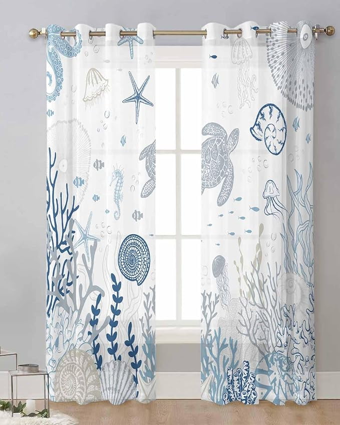 Blue Coastal Blackout Curtains Set For Living Room/Bedroom, Nautical ...