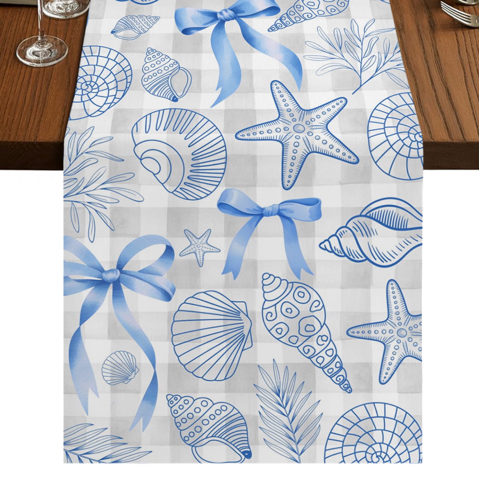 Blue Coastal Burlap Cotton Table Runner 13x120 Inches Long, Bow Knot ...