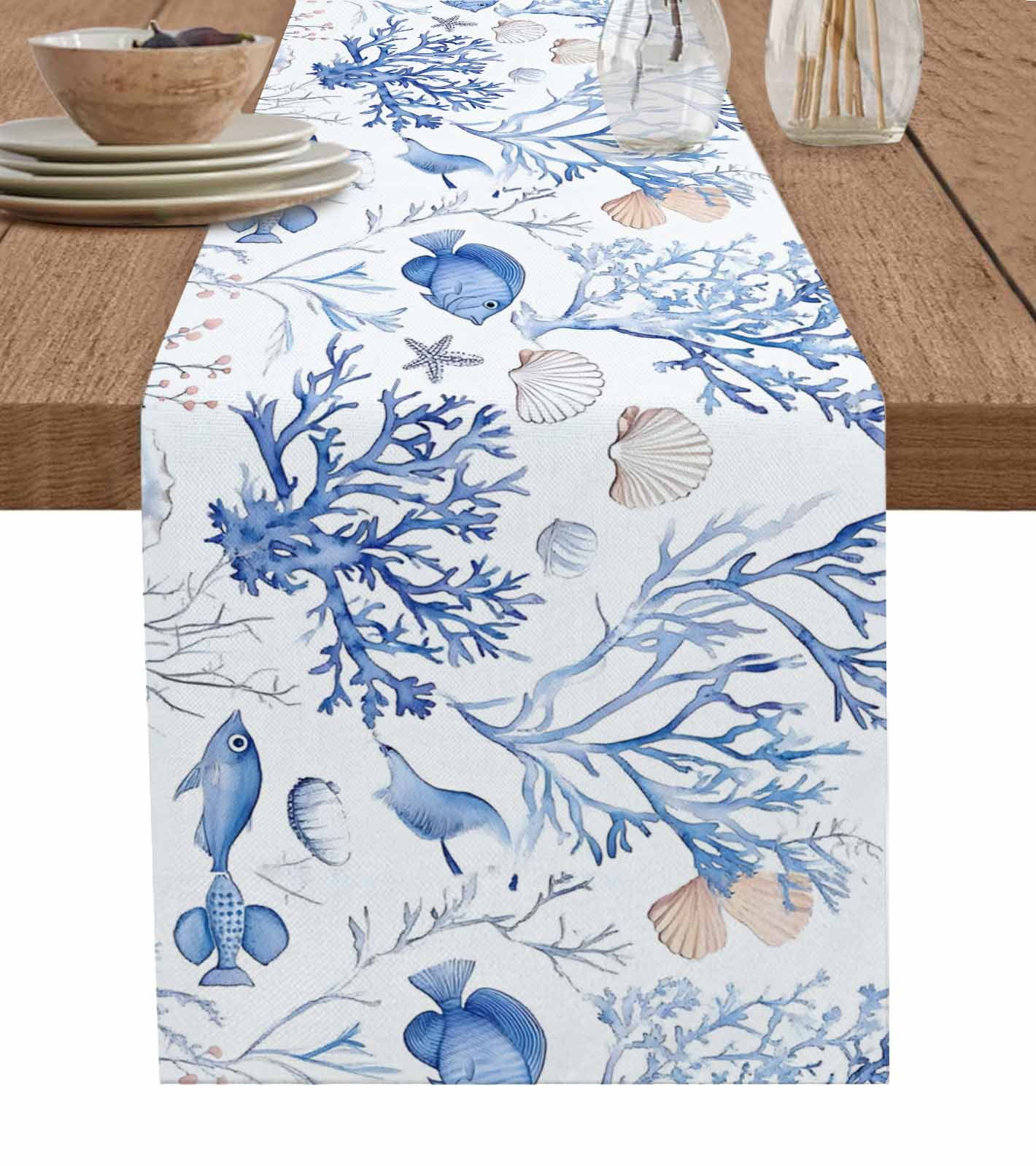 Blue Coastal Burlap Cotton Table Runner 13x120 Inches Long, Summer ...