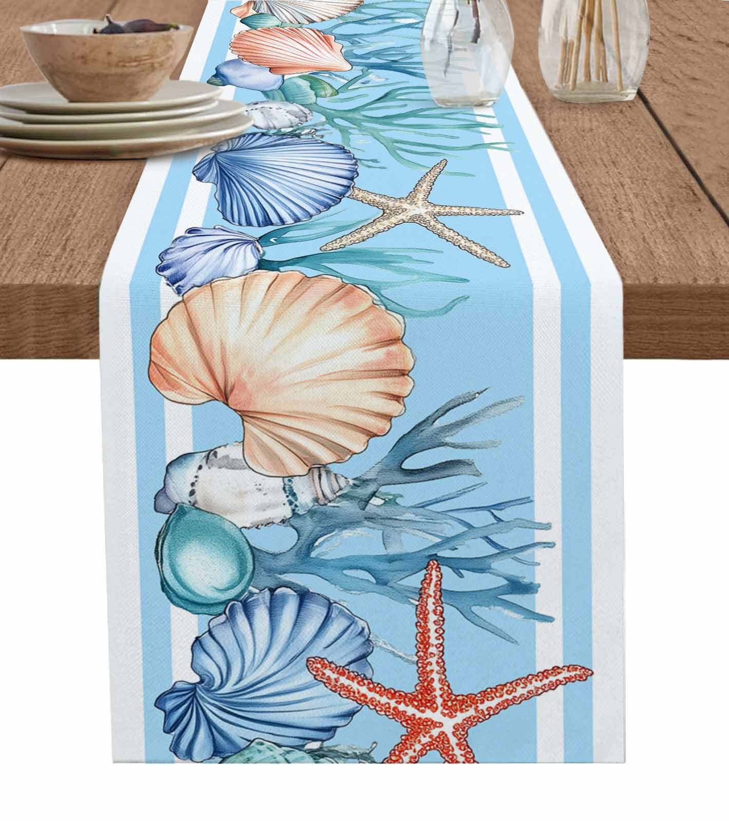 Blue Coastal Burlap Cotton Table Runner 13x36 Inches Short, Beach ...