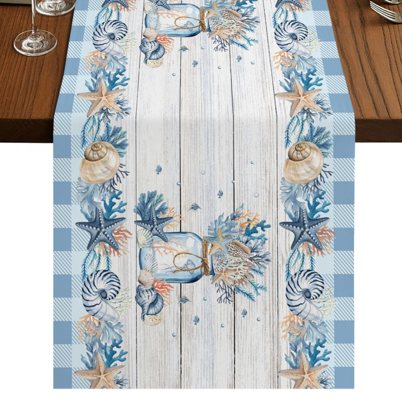 Blue Coastal Burlap Cotton Table Runner 13x48 Inches Long, Nautical ...