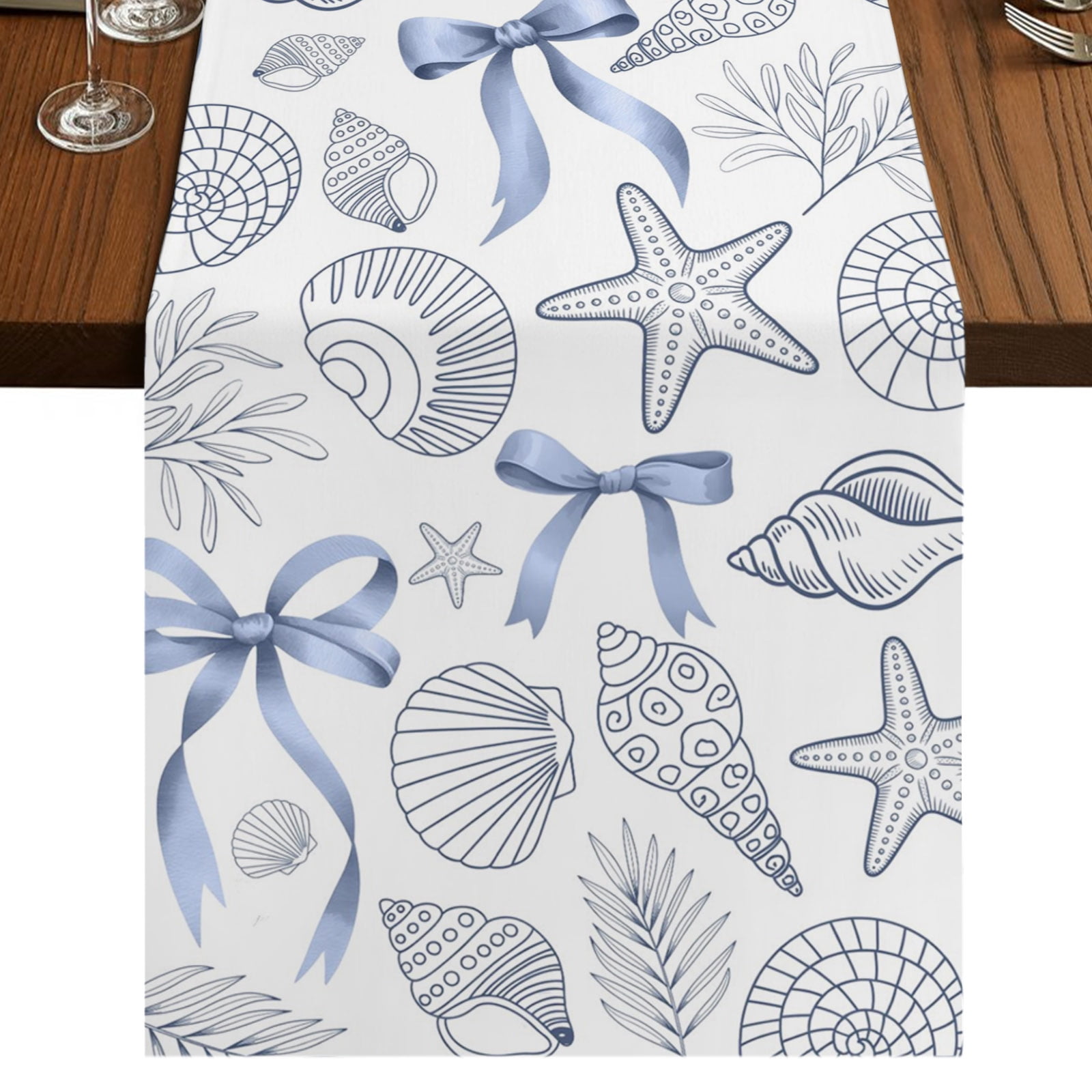Blue Coastal Burlap Cotton Table Runner 14x72 Inches Long, Bow Knot ...
