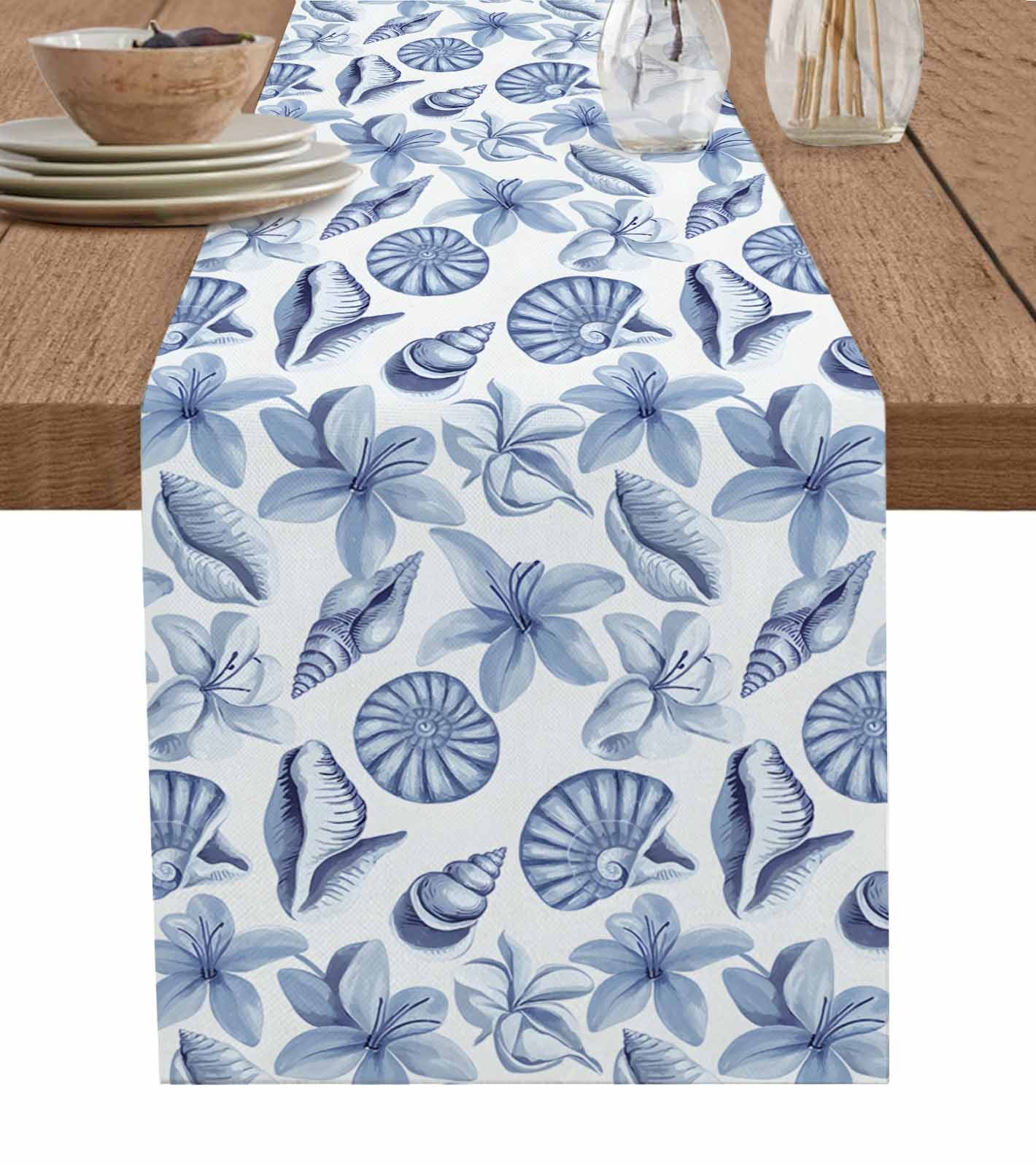Blue Coastal Burlap Cotton Table Runner 14x72 Inches Long, Shell Floral ...