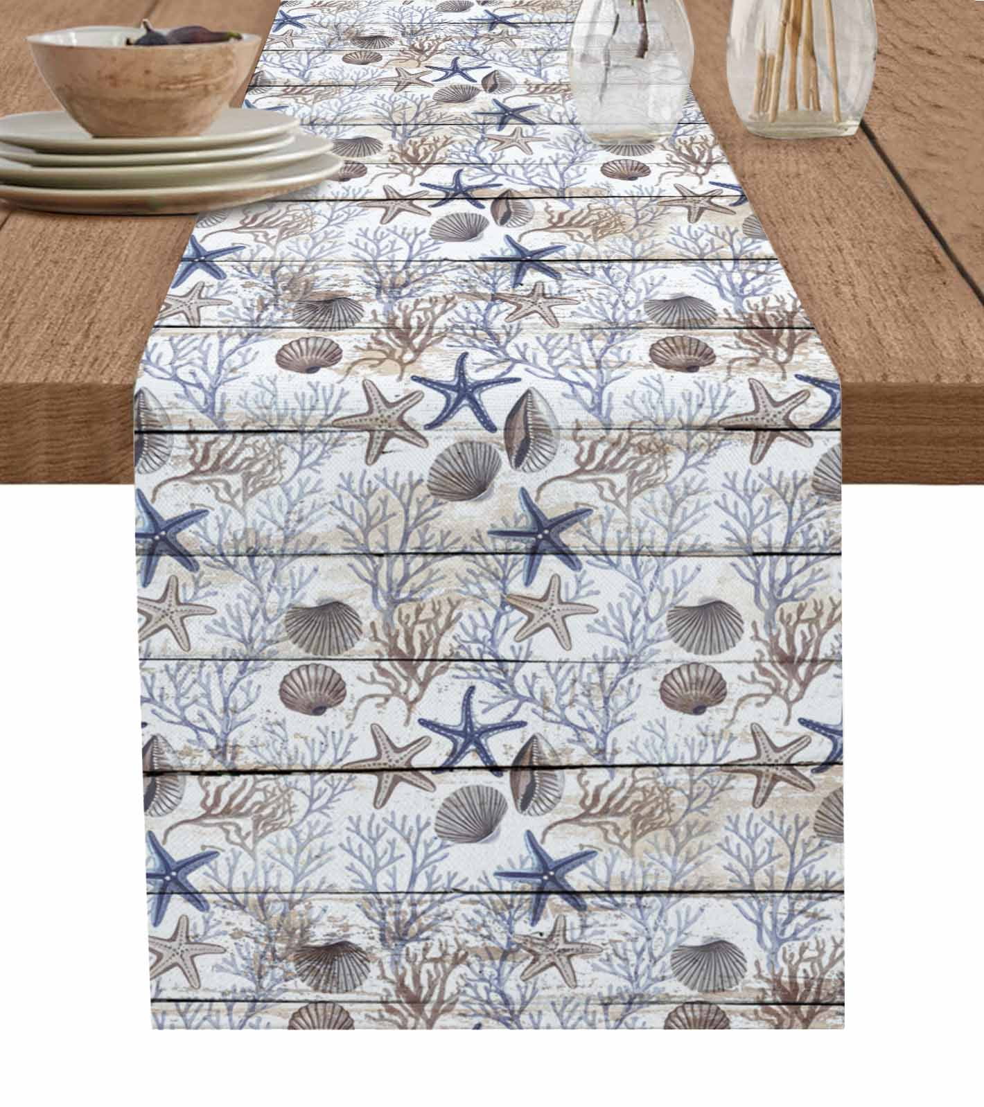 Blue Coastal Burlap Cotton Table Runner 14x72 Inches Long, Starfish ...