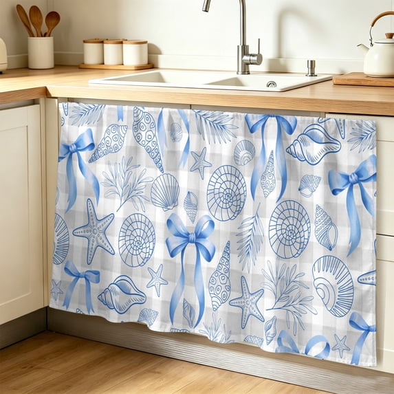 Blue Coastal Cabinet Curtain 28"W x 51"L, Bow Knot Starfish Seashells ...