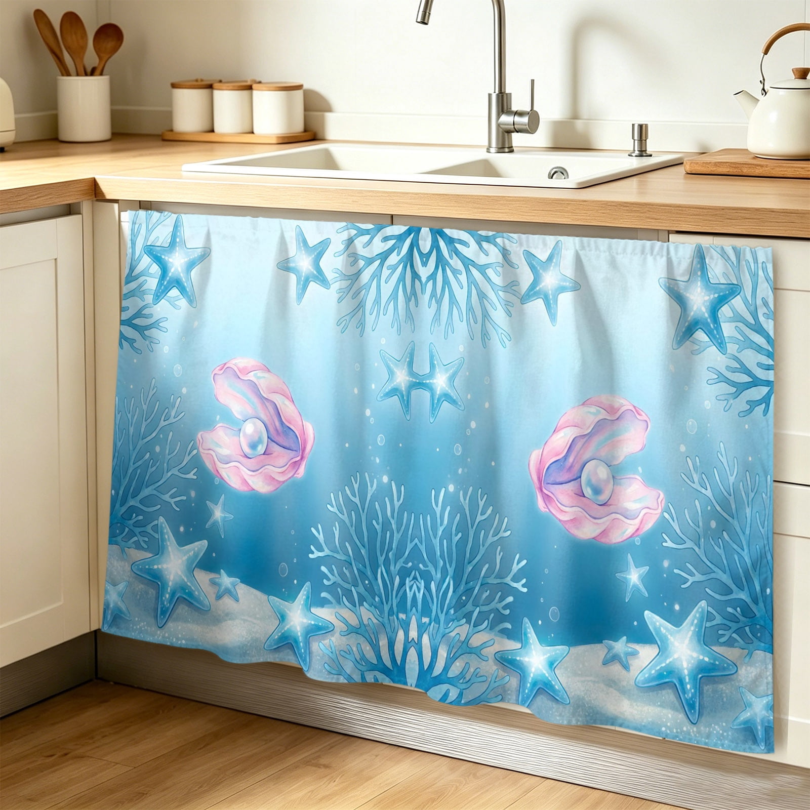Blue Coastal Cabinet Curtain 28"W x 51"L, Nautical Shell Ocean Starfish ...