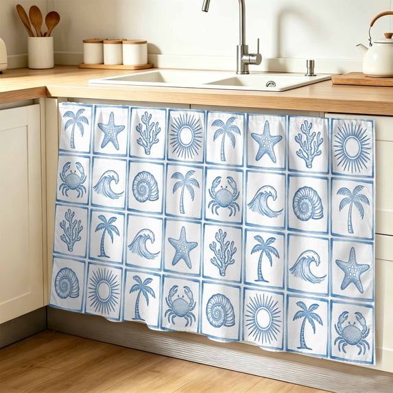 Blue Coastal Cabinet Curtain 28"W x 51"L, Nautical Starfish Coral Conch ...