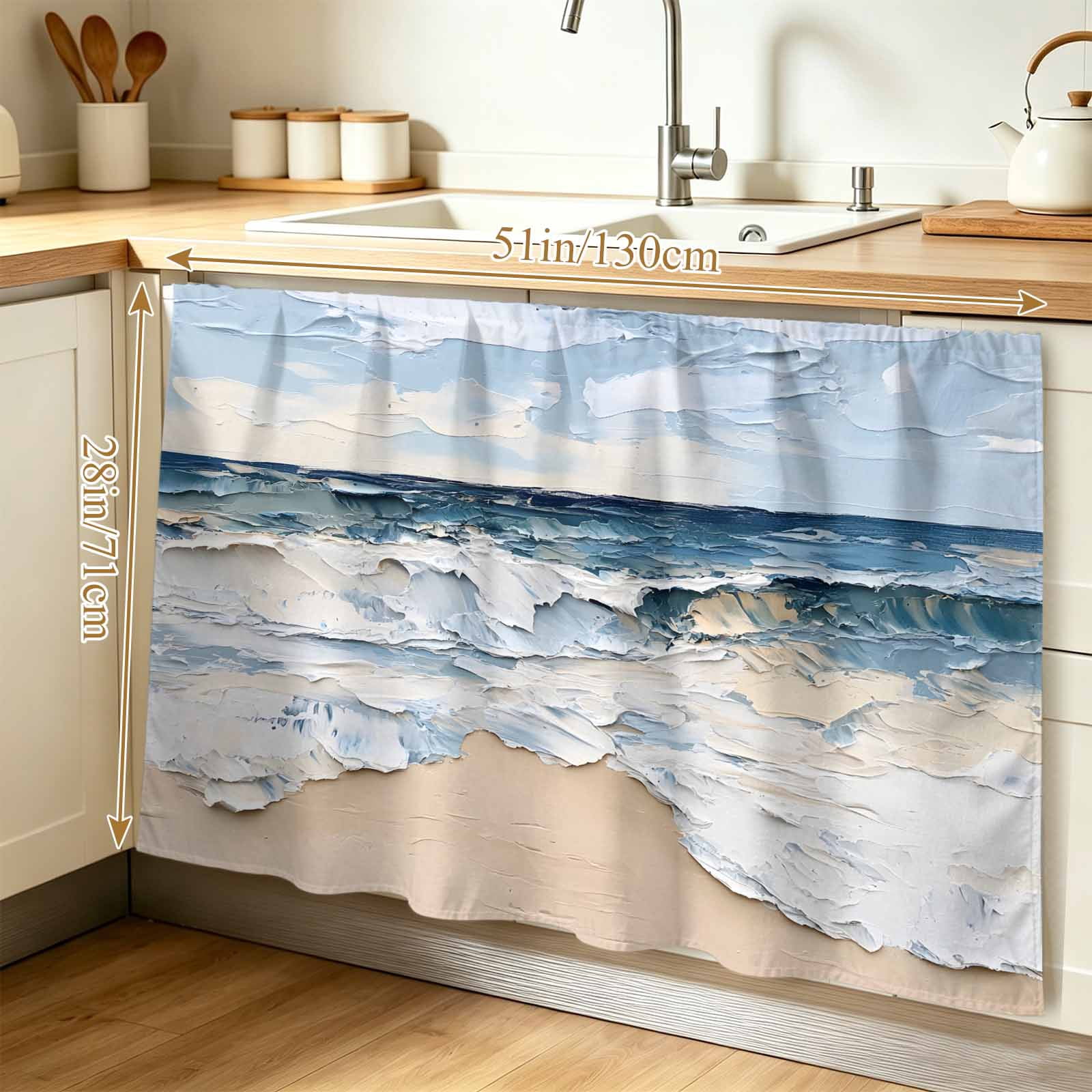 Blue Coastal Cabinet Curtain 28"W x 51"L, Oil Painting Art Modern ...